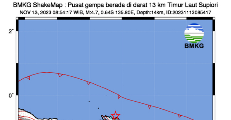 Gempa Darat M4,7 Guncang Supiori Papua, Kedalaman 14 Km