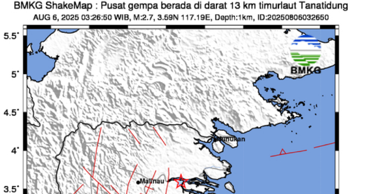 Gempa Darat M2,7 Guncang Kabupaten Tana Tidung Kaltara, Kedalaman 1 Km