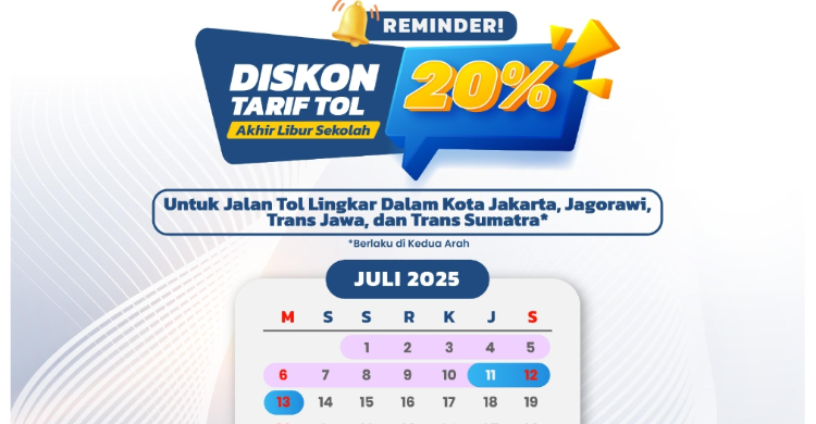 Jasa Marga Beri Diskon Tol 20 Persen di 12 Ruas Selama Libur Sekolah