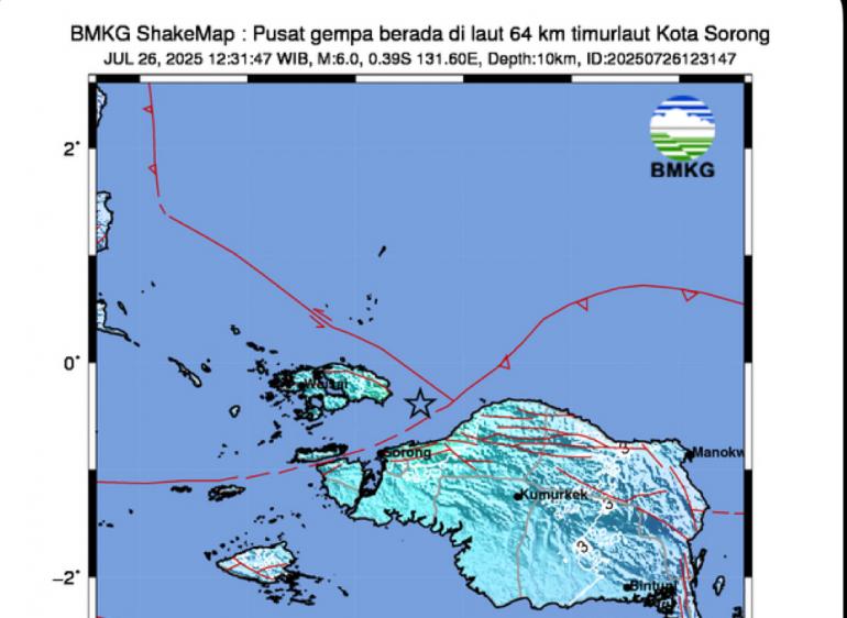 Gempa M6,0 Guncang Kota Sorong Papua Barat, Tidak Berpotensi Tsunami