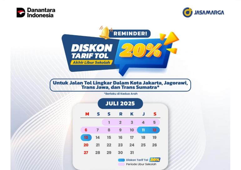 Jasa Marga Beri Diskon Tol 20 Persen di 12 Ruas Selama Libur Sekolah