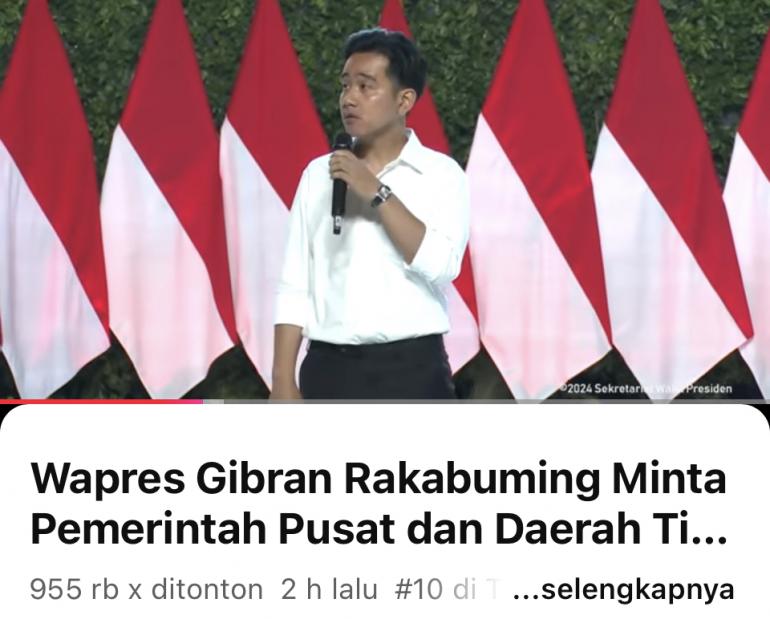 Pidato Wapres Gibran Trending Di YouTube, Penontonnya Nyaris Tembus 1 Juta